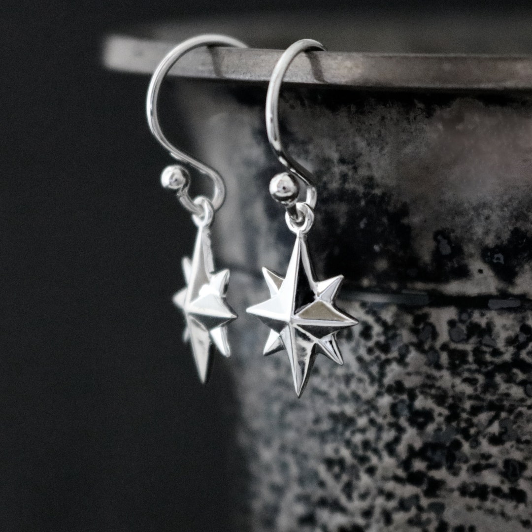 North Star Earrings, Small Sterling Silver Star Dangles, Celestial ...