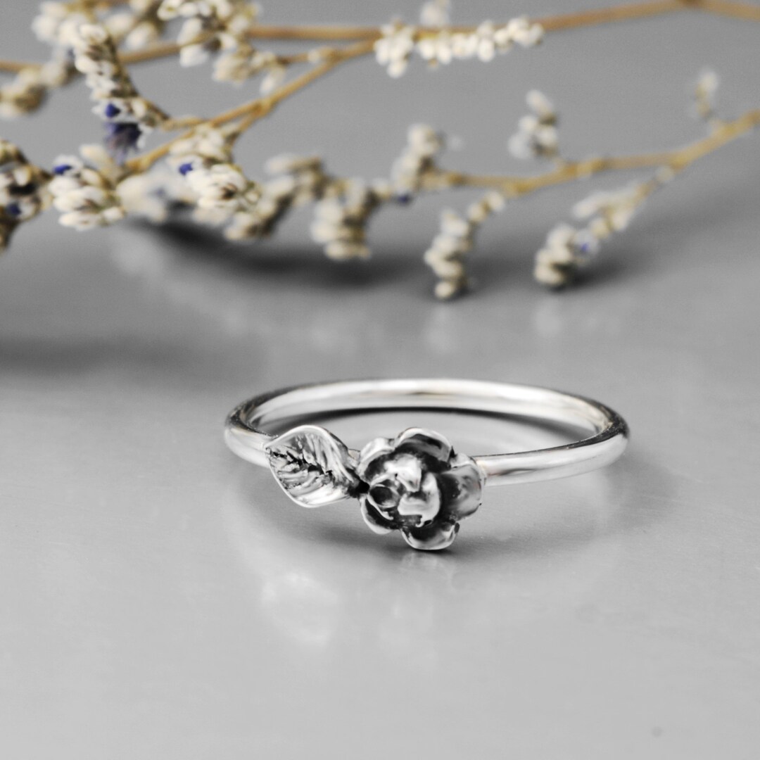 Little Rose Sterling Silver Ring, Small Floral Stacking Ring, Nature ...
