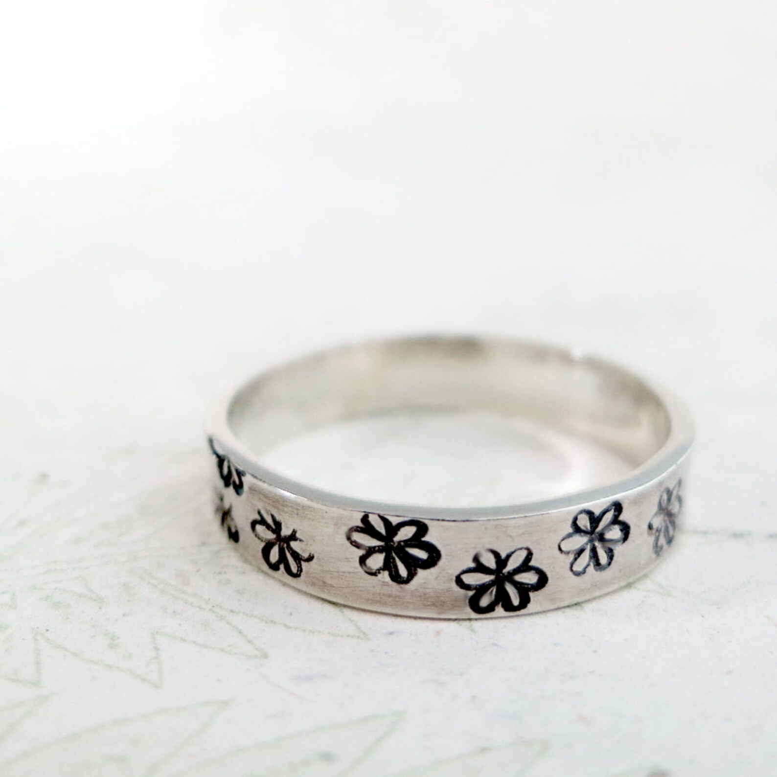 Sterling Silver Flower band ring hand stamped stacking ring | Etsy