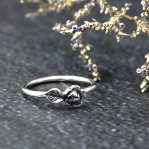 Little Rose Sterling Silver Ring, Small Floral Stacking Ring, Nature ...