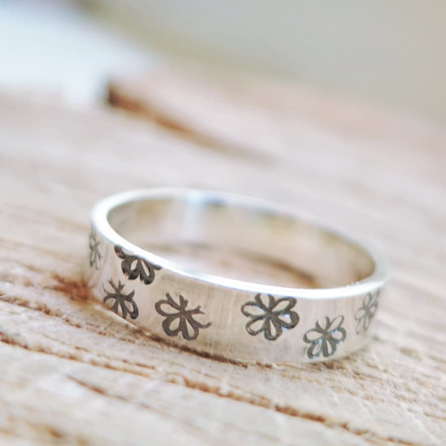 Sterling Silver Flower band ring hand stamped stacking ring | Etsy