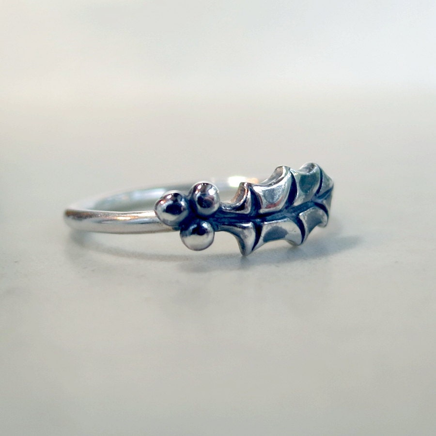 Sterling Silver Holly Ring Leaf and Berry Stacking Winter - Etsy