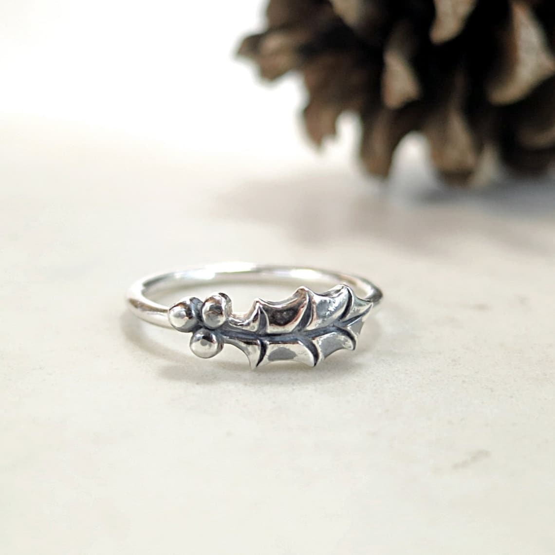 Sterling Silver Holly Ring Leaf and Berry Stacking Winter - Etsy