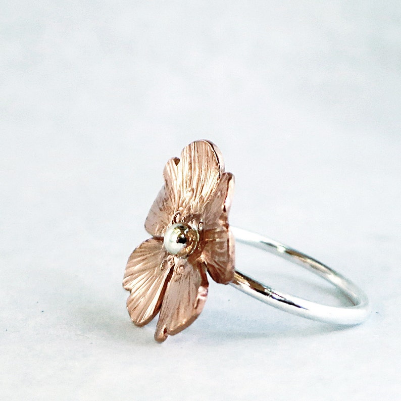 Poppy Flower Ring in Hammered Copper and Sterling Silver, Nature ...