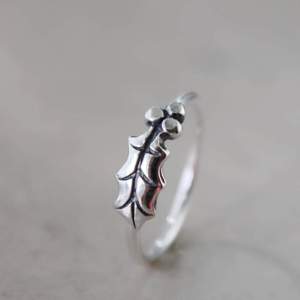 Sterling Silver Holly Ring Leaf and Berry Stacking Winter - Etsy