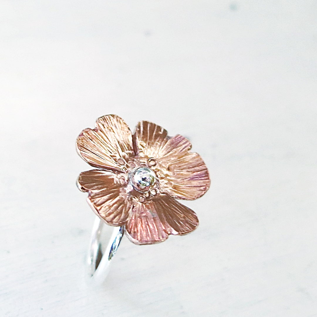 Poppy Flower Ring in Copper and Sterling Silver, Hammered, Nature ...