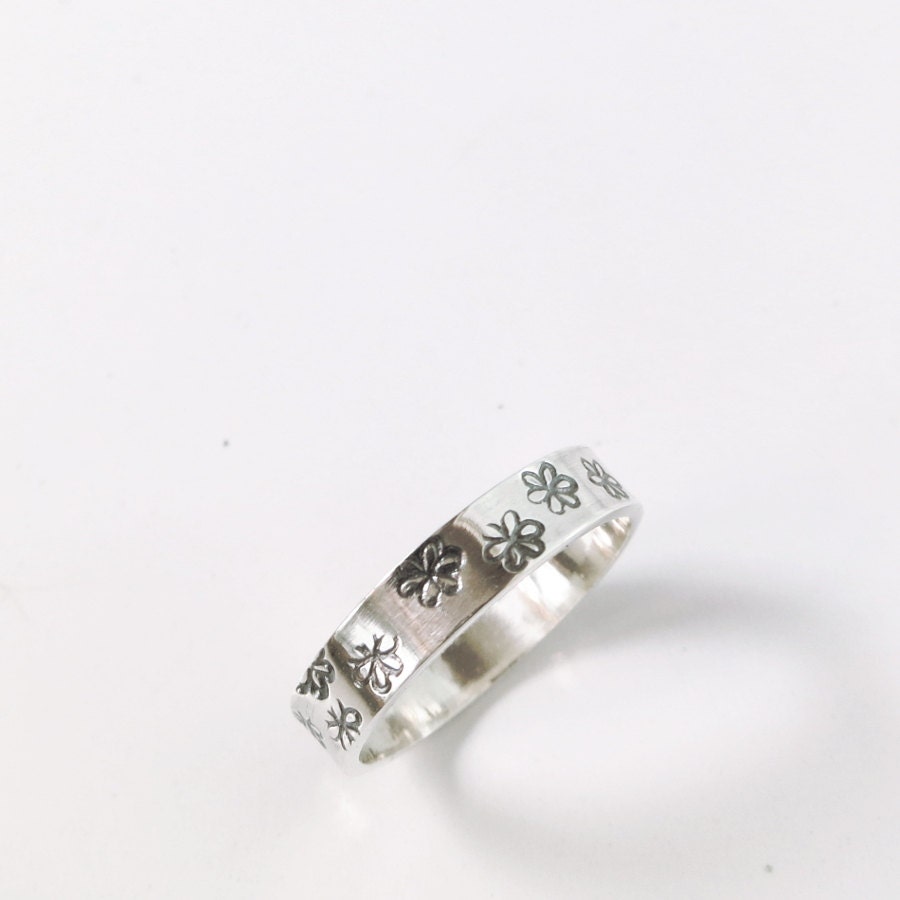 Sterling Silver Flower band ring hand stamped stacking ring | Etsy