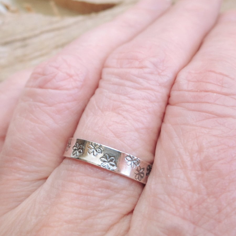 Sterling Silver Flower band ring hand stamped stacking ring | Etsy