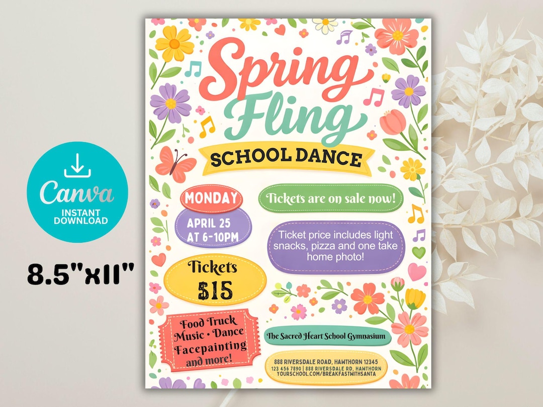 Spring Fling School Dance Flyer: Editable CANVA Template (digital ...
