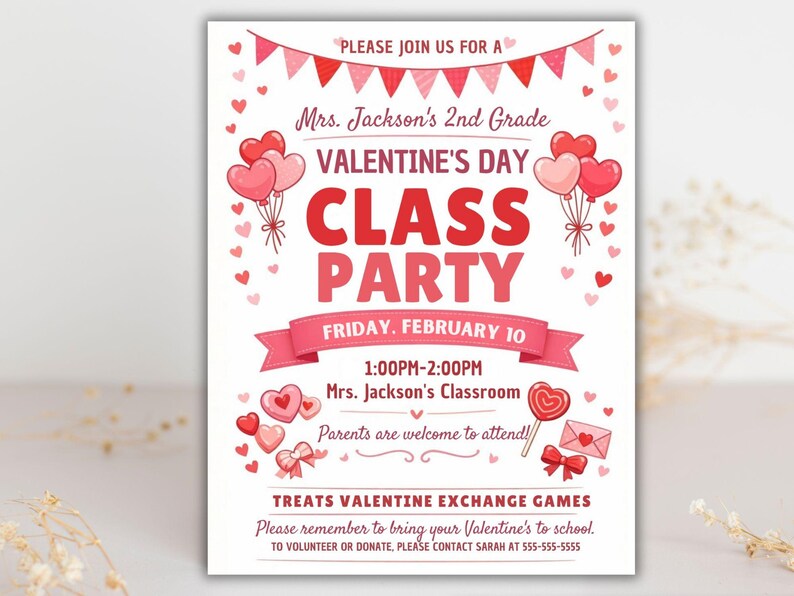 Editable Valentines Class Party Invite, Elementary School Flyer ...