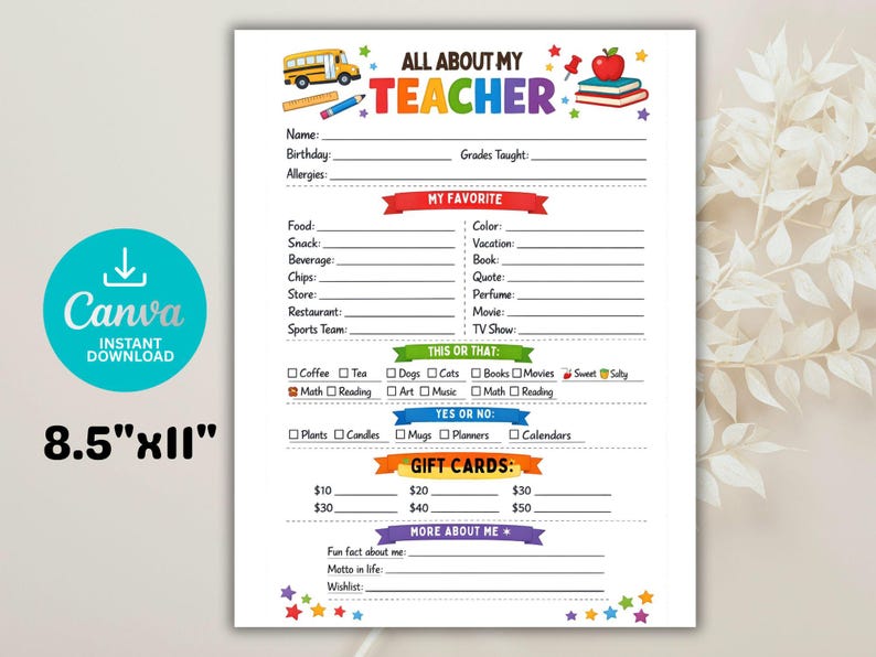All About My Teacher Questionnaire | Teacher Favorites Template (canva ...