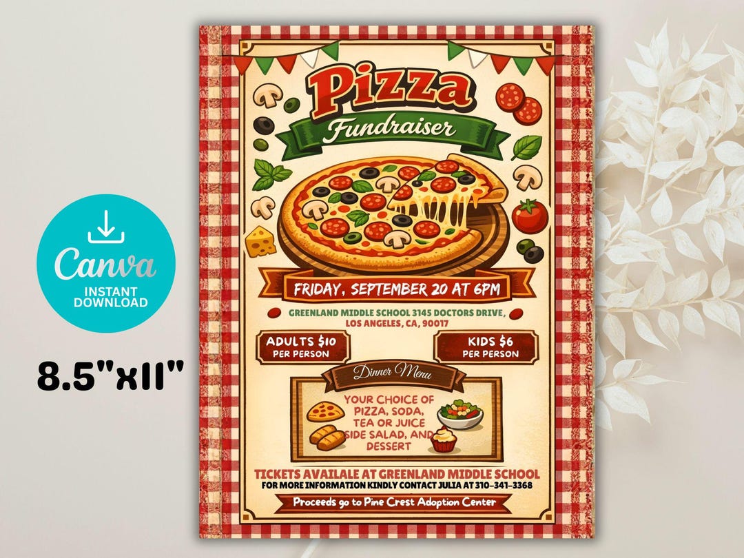 Editable Pizza Dinner Fundraiser Flyer Ticket, PTA PTO School Church ...