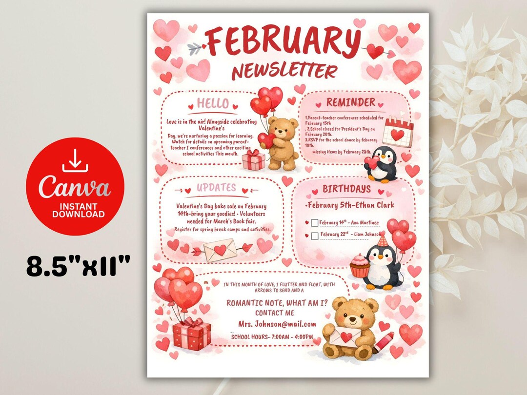 February Valentines Classroom Newsletter, Canva Template (digital ...