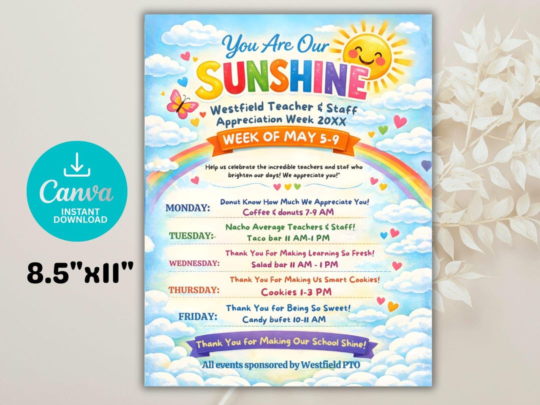 Editable Sunshine Theme Teacher Appreciation Week Sun Itinerary Flyer ...