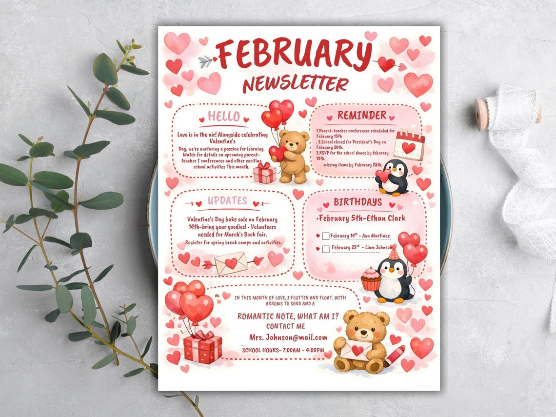 February Valentines Classroom Newsletter, Canva Template (digital ...