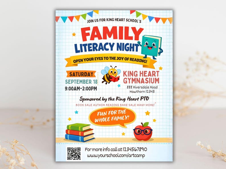 Family Literacy Night Flyer, School Book Event, PTA PTO Fundraiser ...