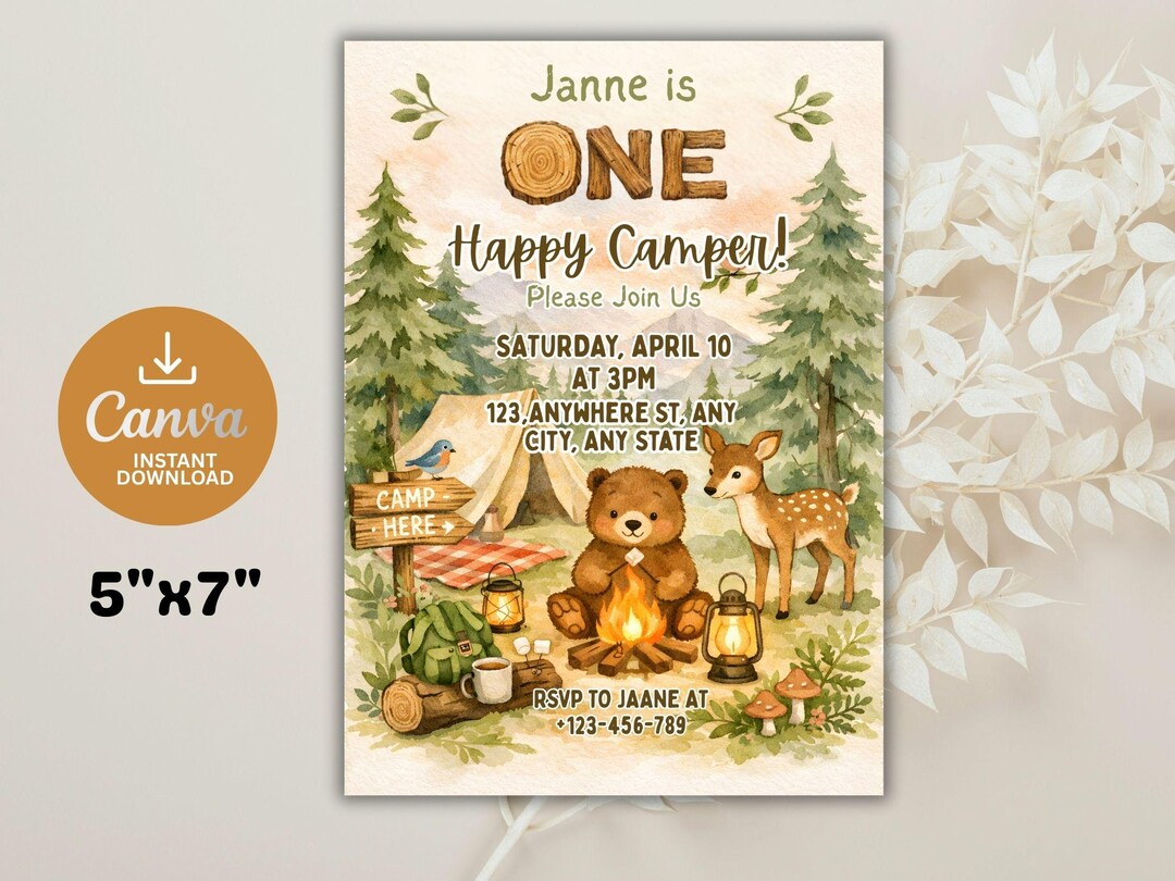 Editable One Happy Camper Invitation, Camping Birthday Invite, Boy ...