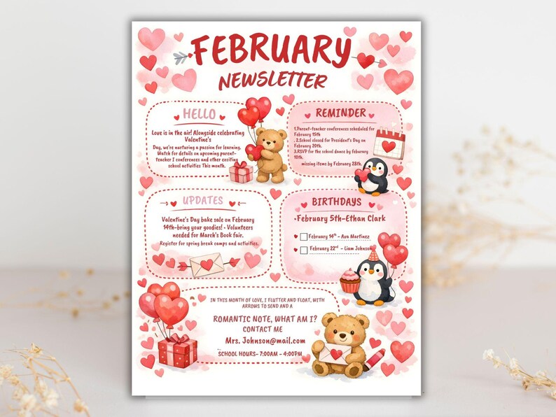 February Valentines Classroom Newsletter, Canva Template (digital ...