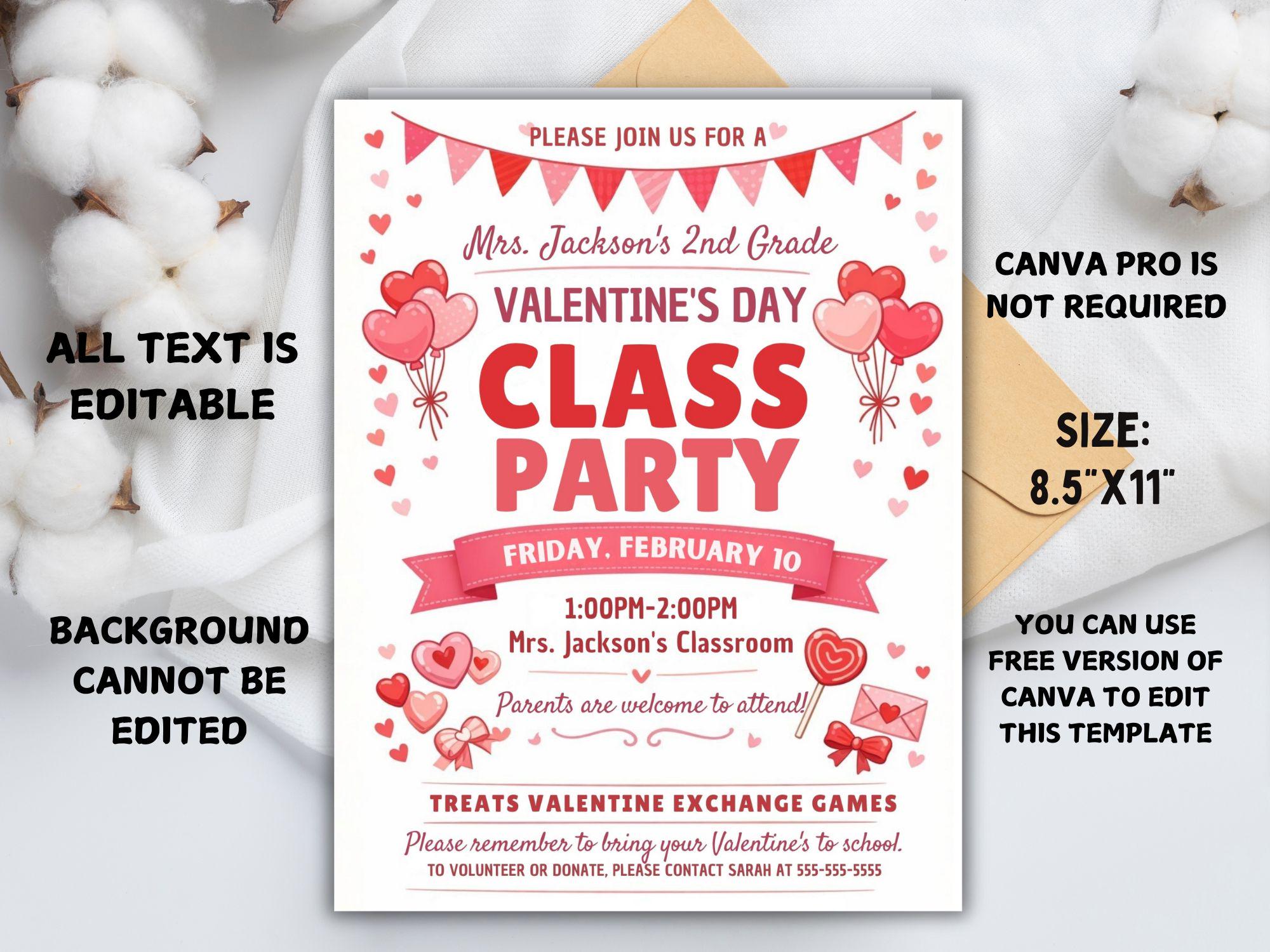 Editable Valentines Class Party Invite, Elementary School Flyer ...