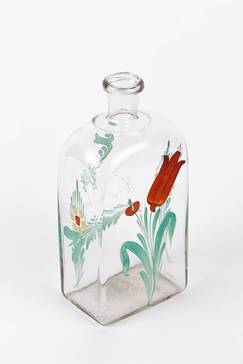 19th Century Liquor Bottle | Blowpipe Glass Flask | Red Tulip Painting ...