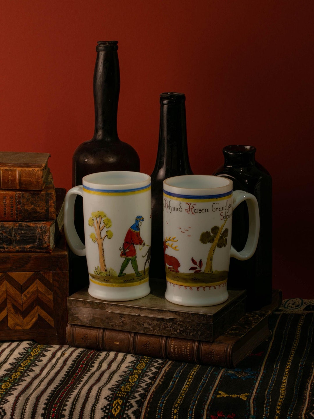 Rare Beer Steins | Handpainted Milk Glass Tankards | Medieval Style ...