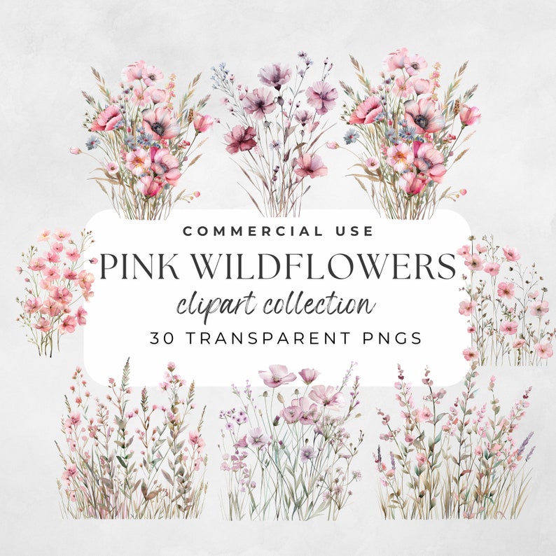 Wildflower Clipart, Watercolor Flowers Clipart, Pink Flowers Clipart ...