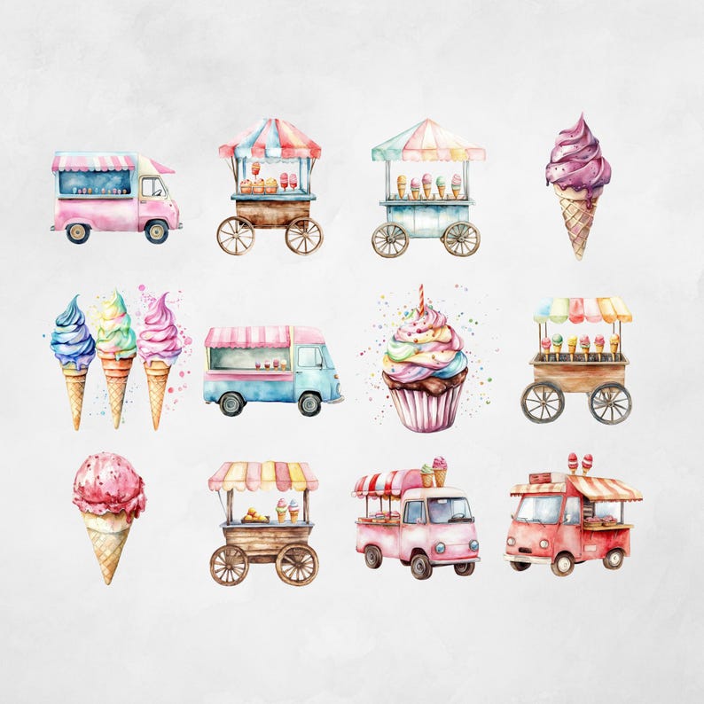 Ice Cream Cart Clipart, Ice Cream Party, Watercolor Ice Cream Shop, Ice ...