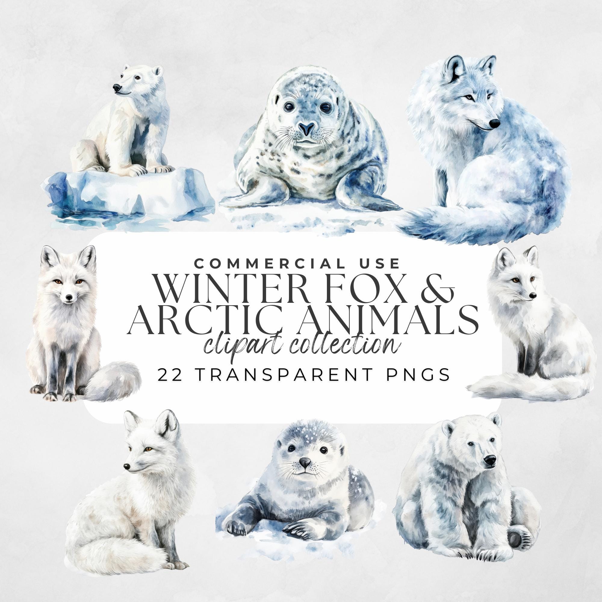 Winter Fox Clipart Arctic Animals Penguin Watercolor Christmas Animals ...