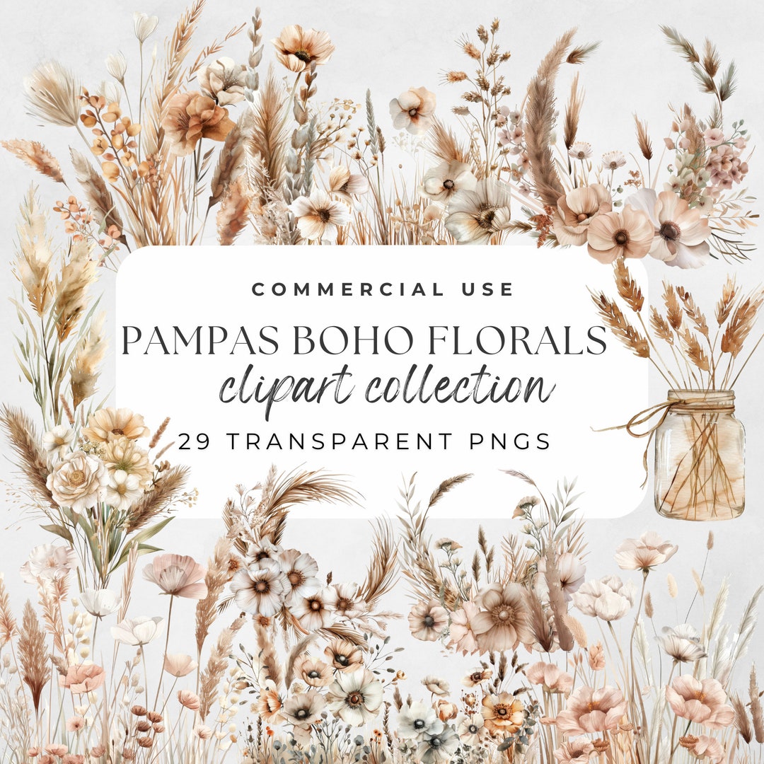 Pampas Clipart, Pampas Grass Clipart, Boho Bouquet, Bohemian Flowers ...