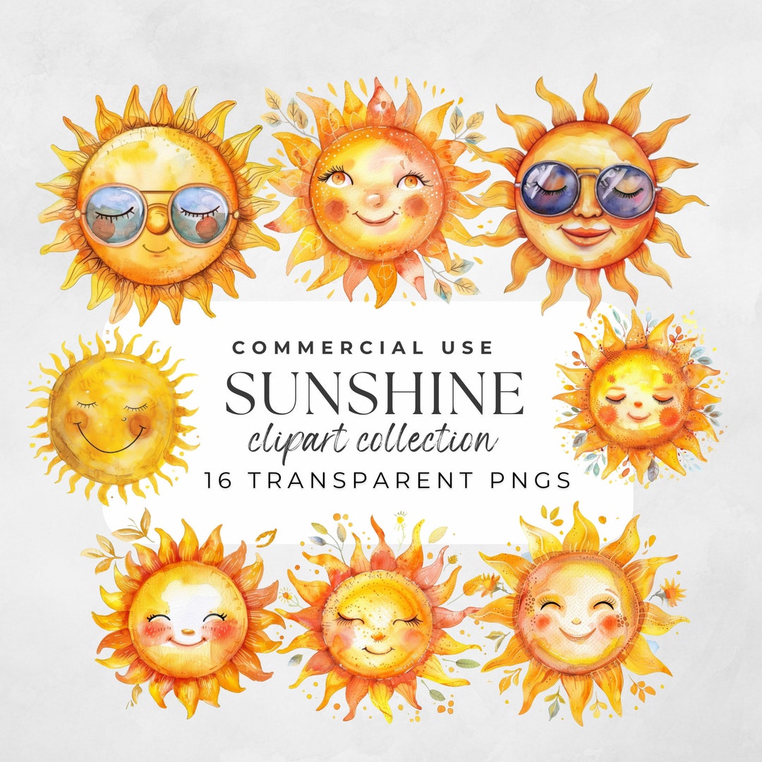 Watercolor Sun, Sunshine Designs, Retro Sun PNG Cute Sun Clipart ...