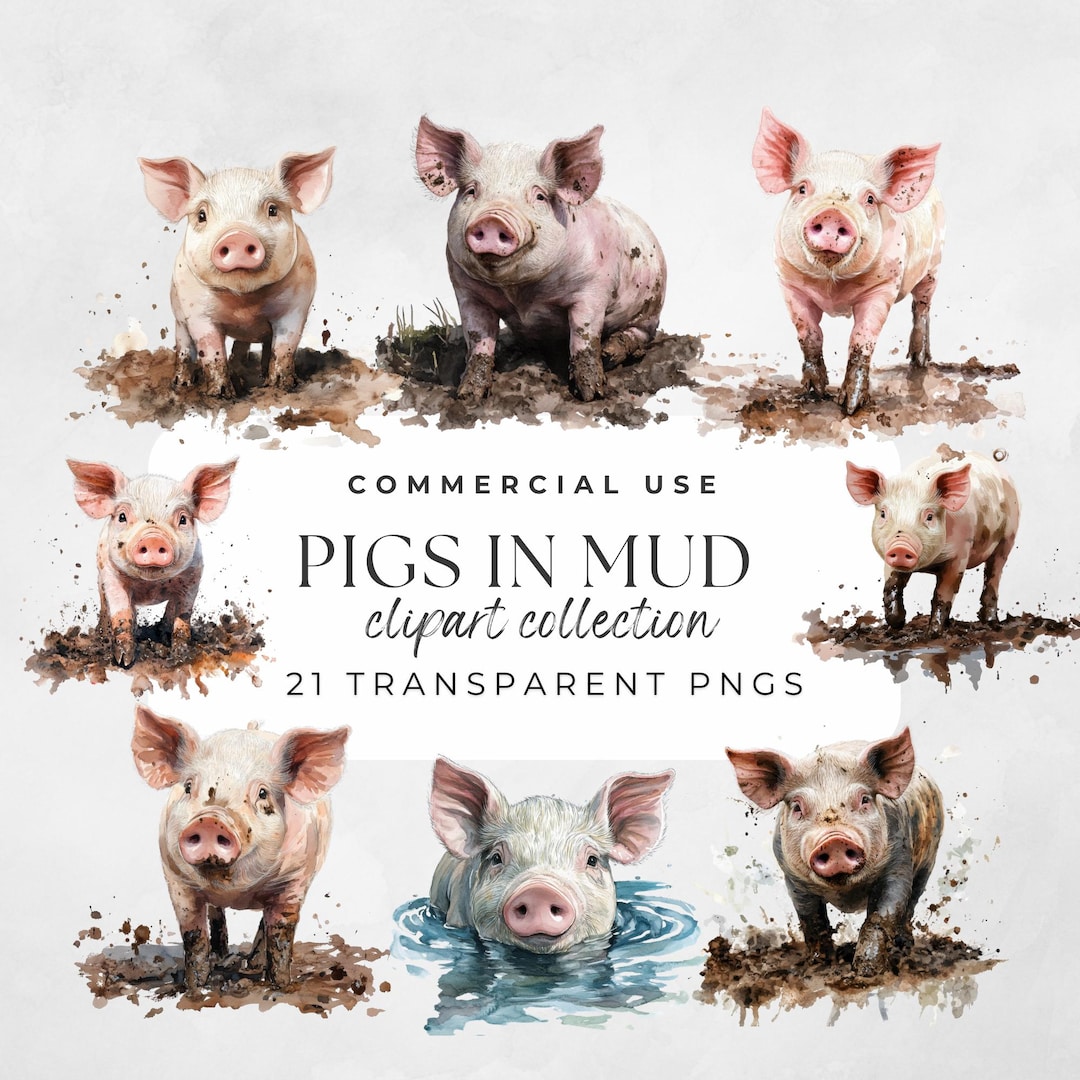 Pig in Mud Clipart, Pig Cartoon Clipart, Pig Having a Bath, Funny Pig ...