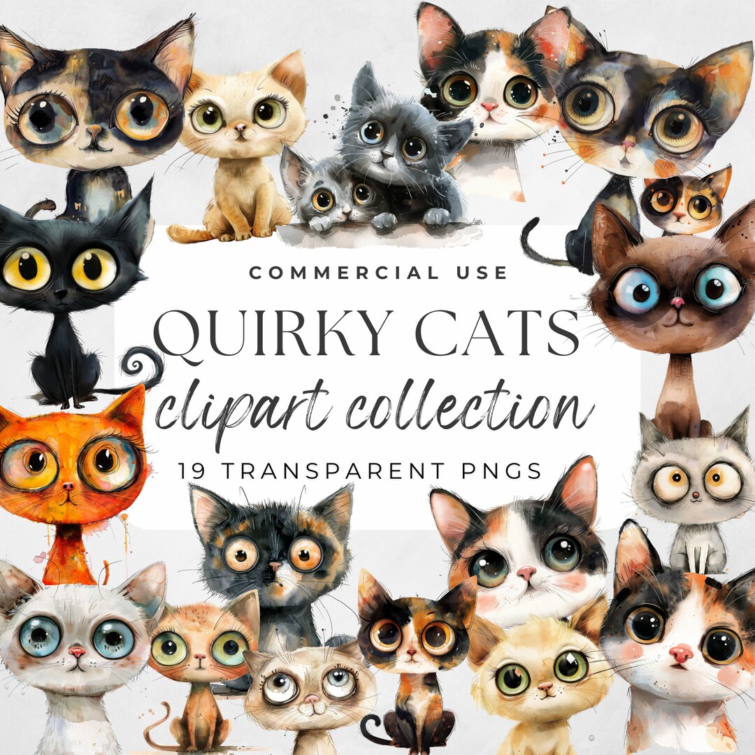 Quirky Cats Clipart, Whimsical Cats, Watercolor Cats, Watercolor ...