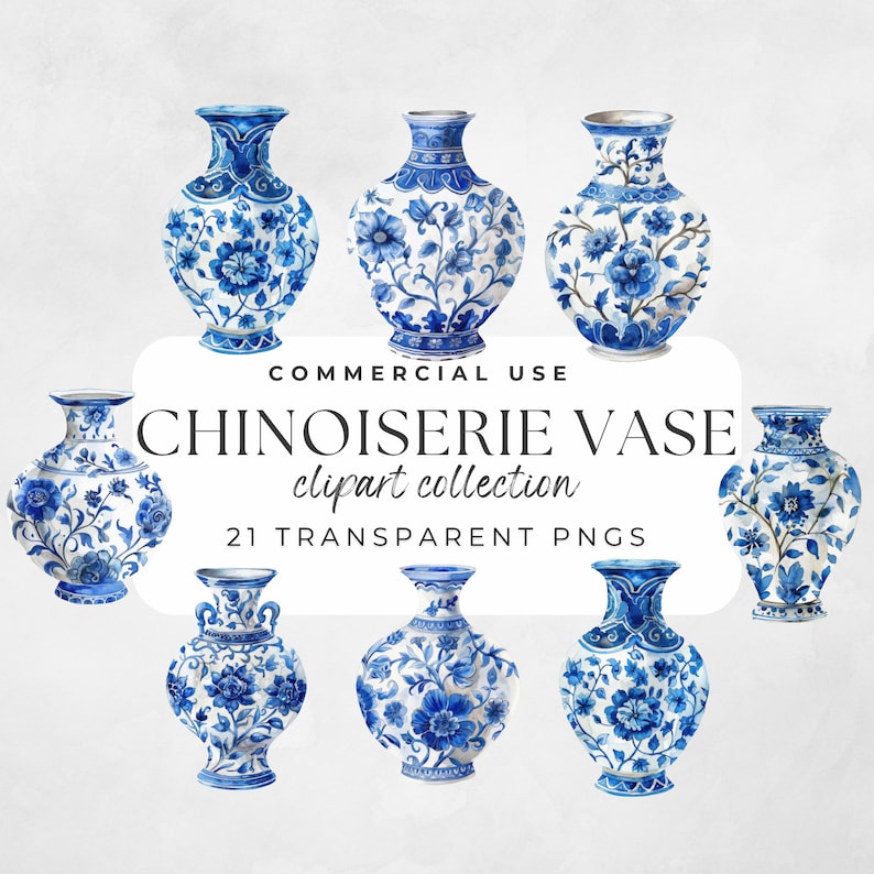 Chinoiserie Clipart, Watercolor Clipart, Ginger Jar Clipart, Blue ...