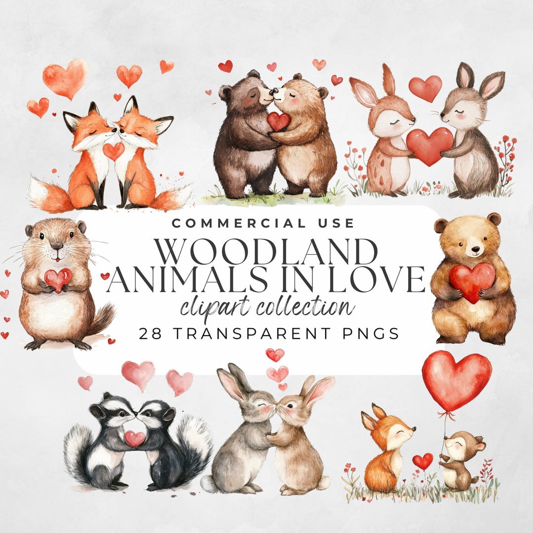 Valentine Woodland Animals, Animals in Love PNG, Boho Woodland Clipart ...