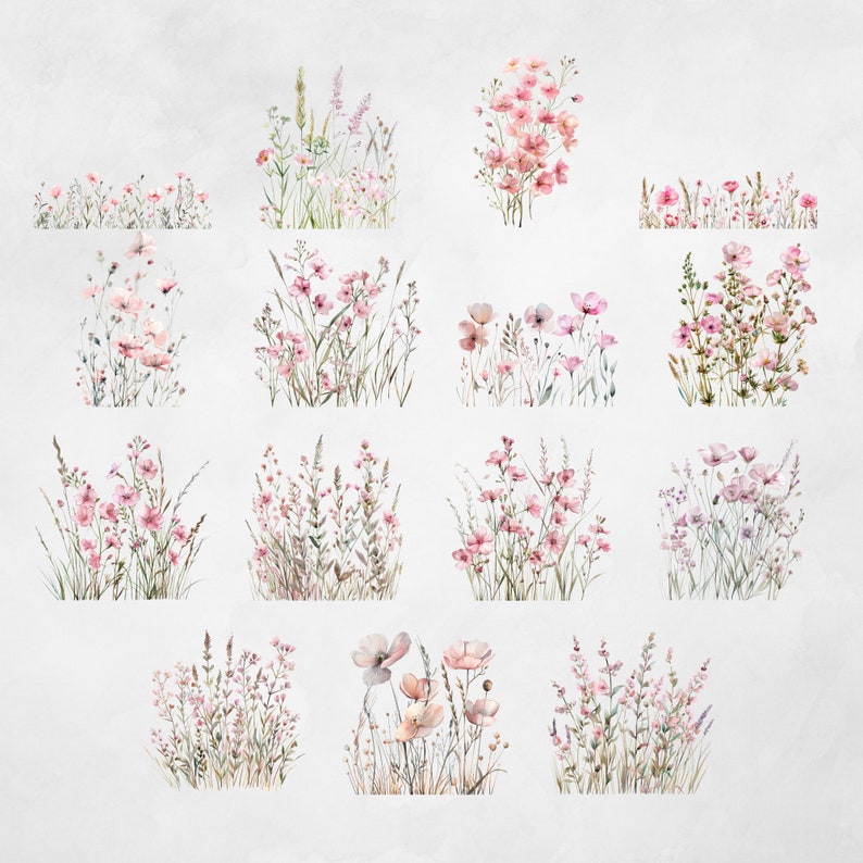 Wildflower Clipart, Watercolor Flowers Clipart, Pink Flowers Clipart ...