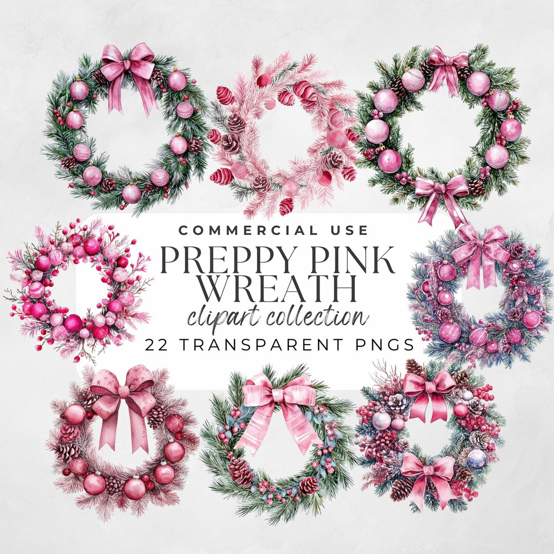 Pink Preppy Christmas Wreath Clipart, Christmas Wreath Png,pastel Xmas ...