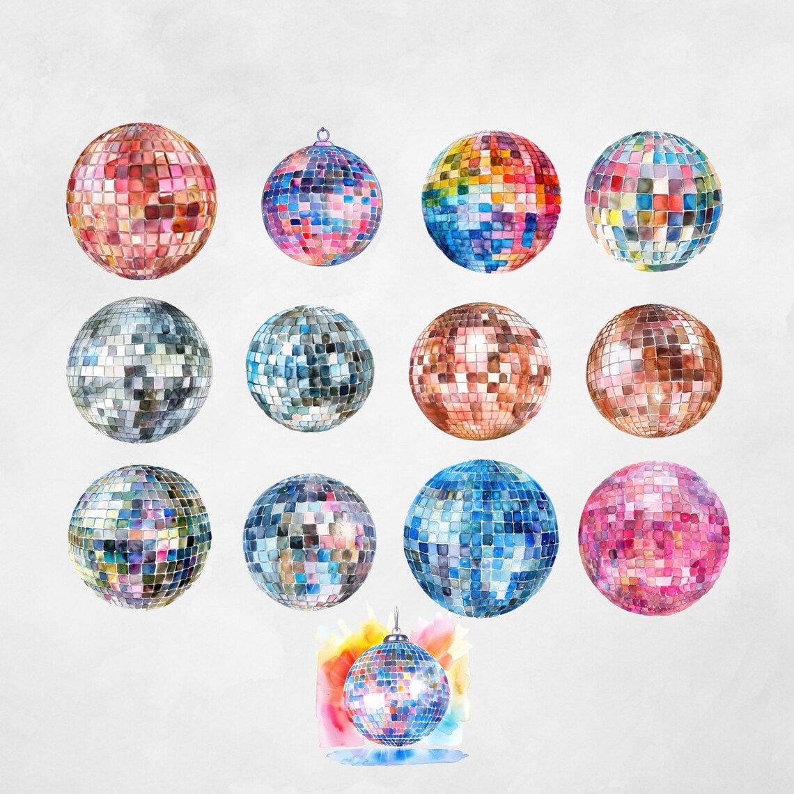 Disco Ball Clipart, Watercolor Clipart, Disco Party Decor, Retro Disco ...