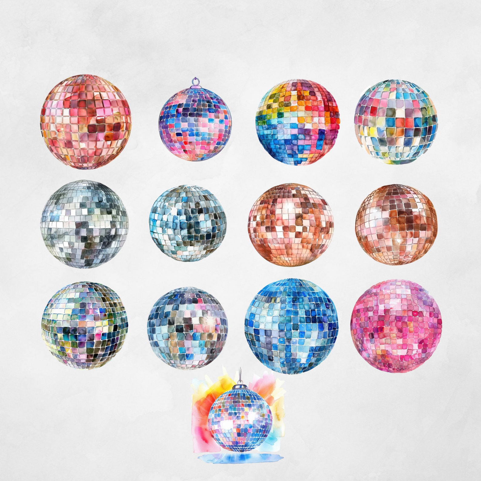 Disco Ball Clipart, Watercolor Clipart, Disco Party Decor, Retro Disco ...
