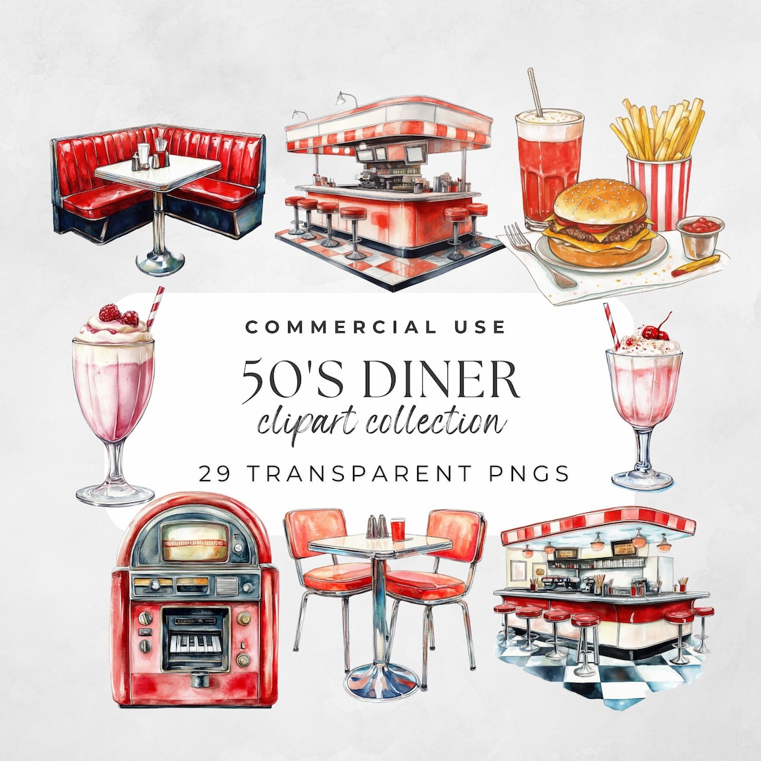 50's Diner Vintage Clipart, Sock Hop Party, 50S Retro Diner, Milkshake ...