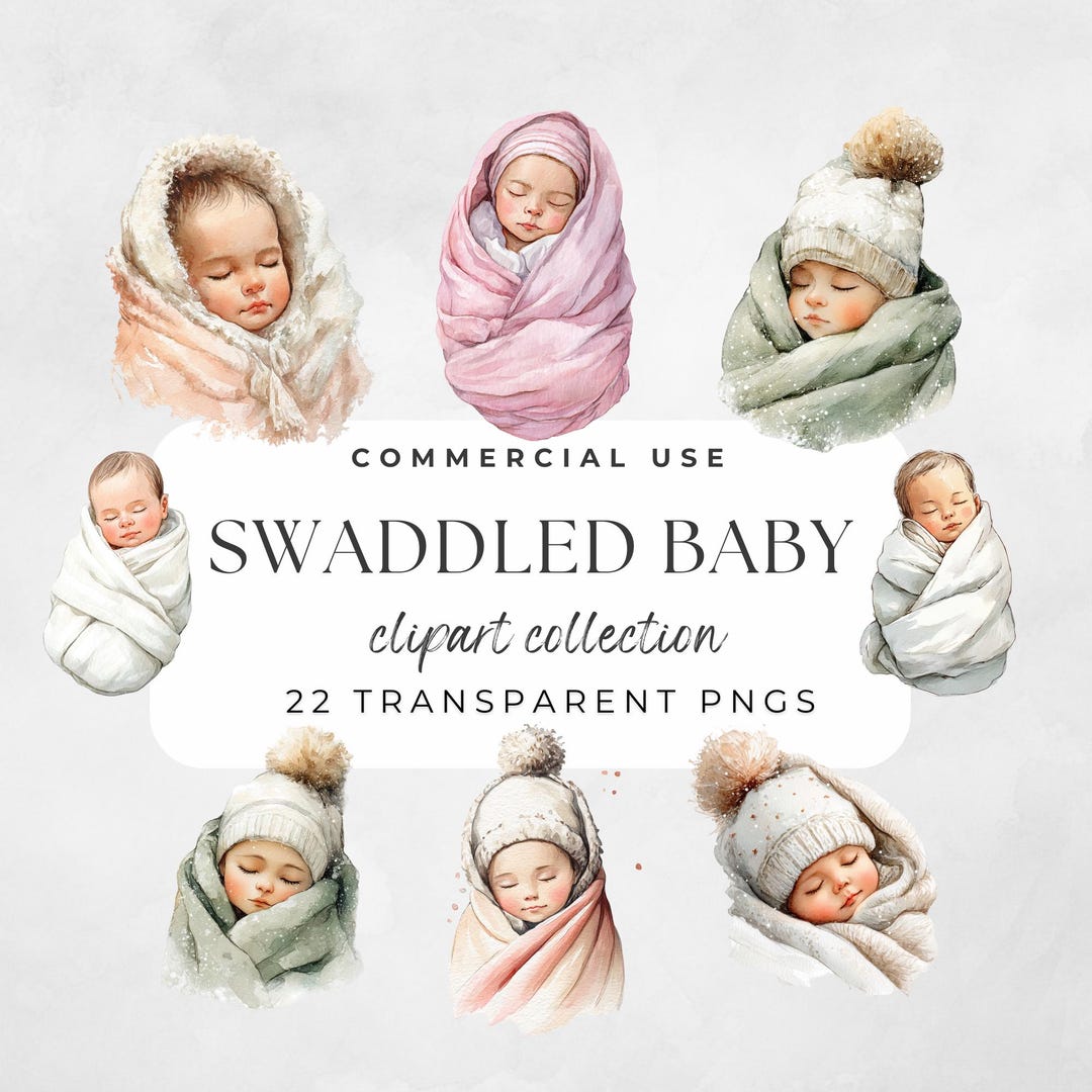 Swaddled Baby Clipart Watercolor Nursery Art Newborn Digital Download ...