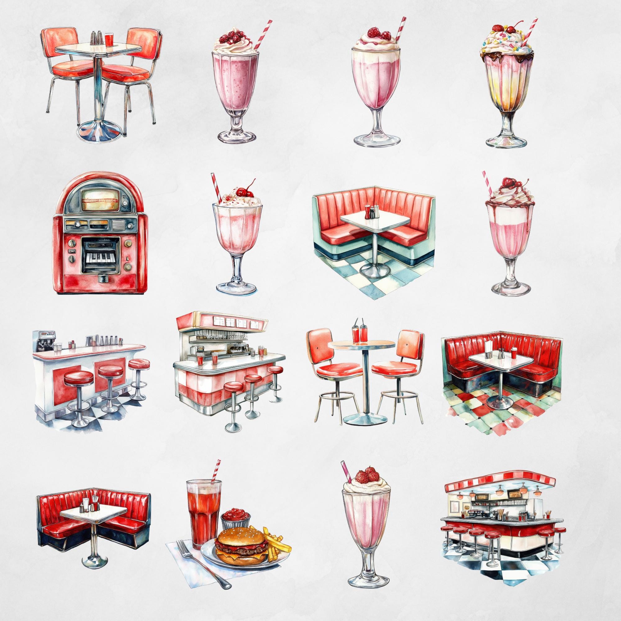 50's Diner Vintage Clipart, Sock Hop Party, 50S Retro Diner, Milkshake ...