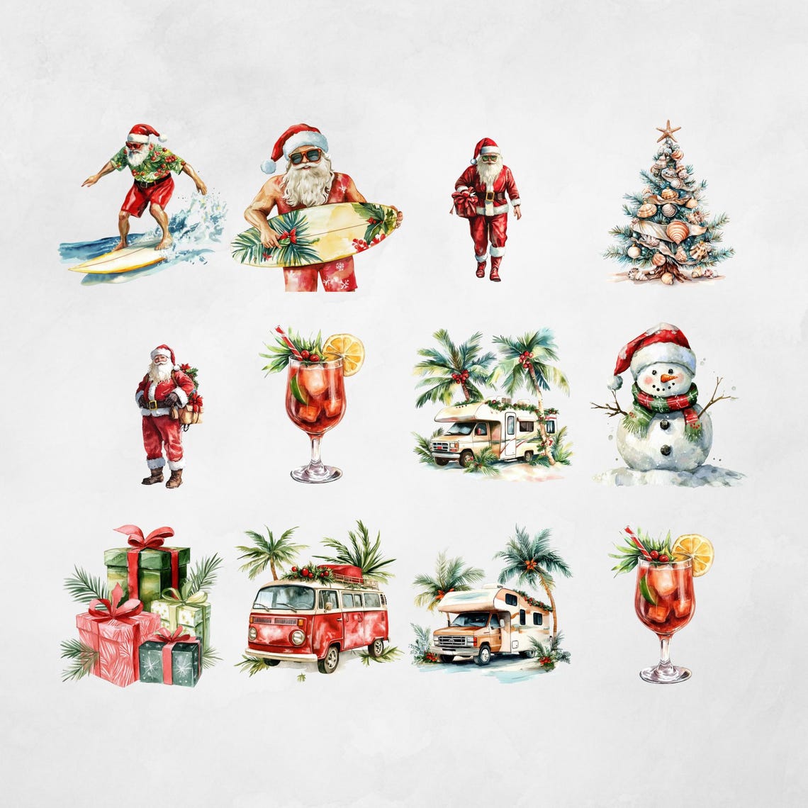 Surfing Santa Christmas in July Tropical Christmas Holiday Clipart ...