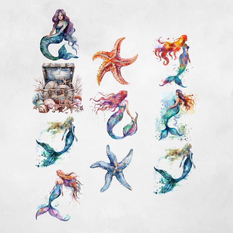 Mermaid Watercolor Clipart Mermaid Tail Printable Art Decor for Mermaid ...