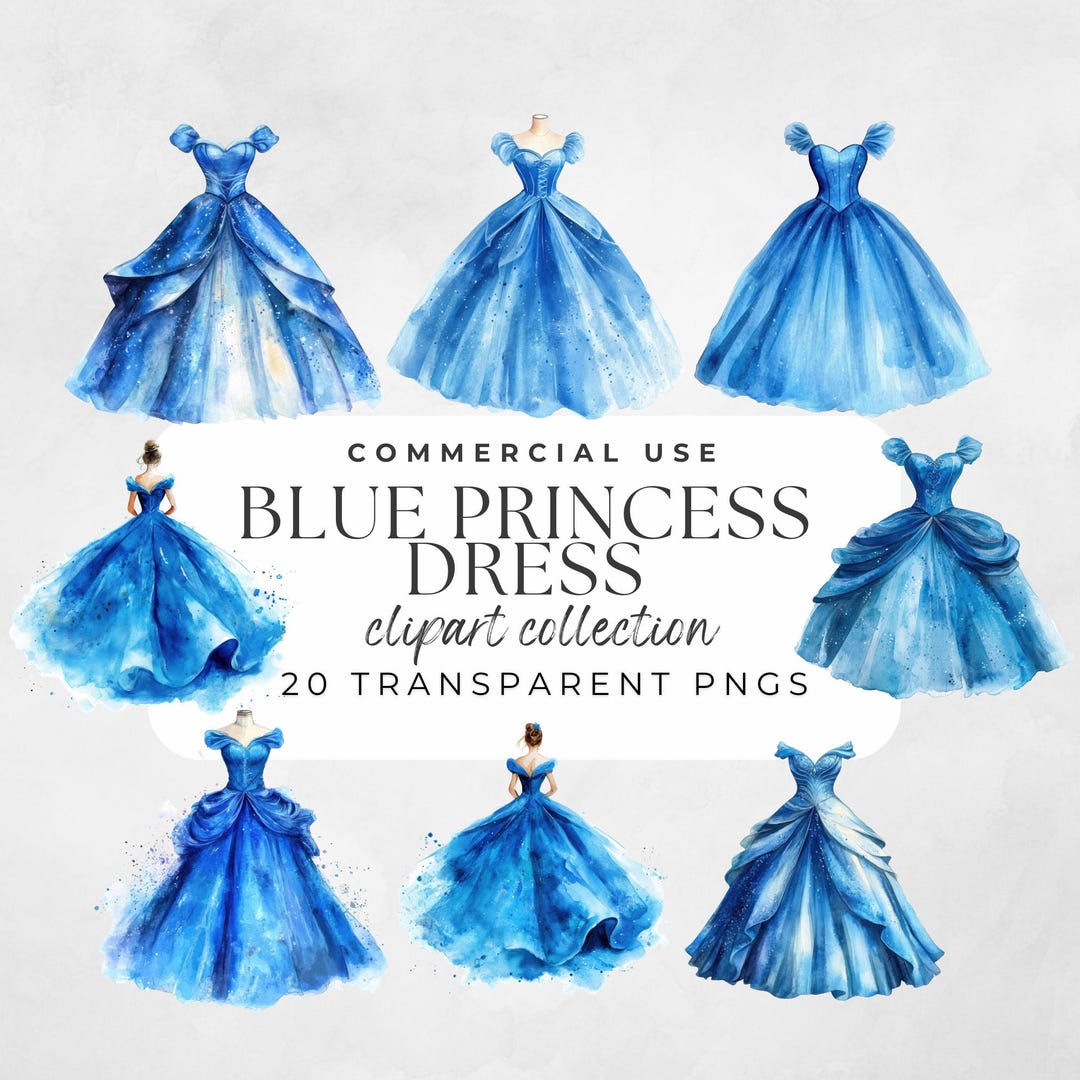 Blue Princess Dress Clipart Watercolor Princess Birthday Princess Blue ...
