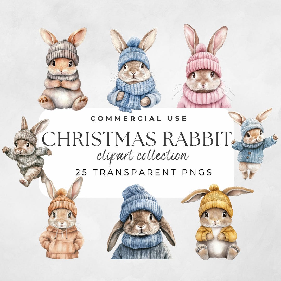 Christmas Rabbit Clipart, Watercolor Clipart, Winter Bunny Clipart ...