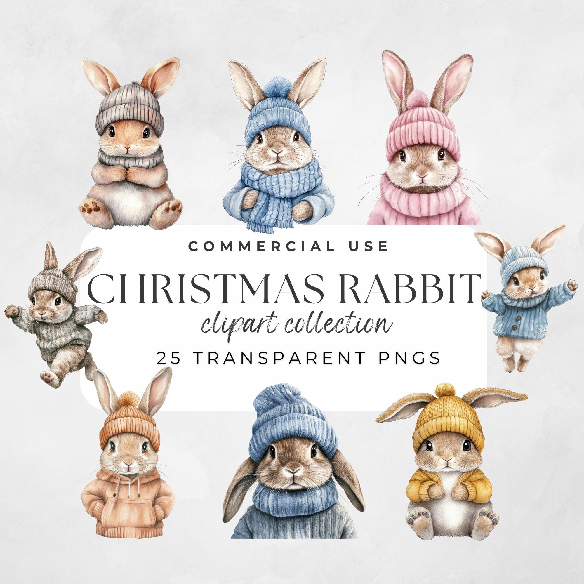 Christmas Rabbit Clipart, Watercolor Clipart, Winter Bunny Clipart ...