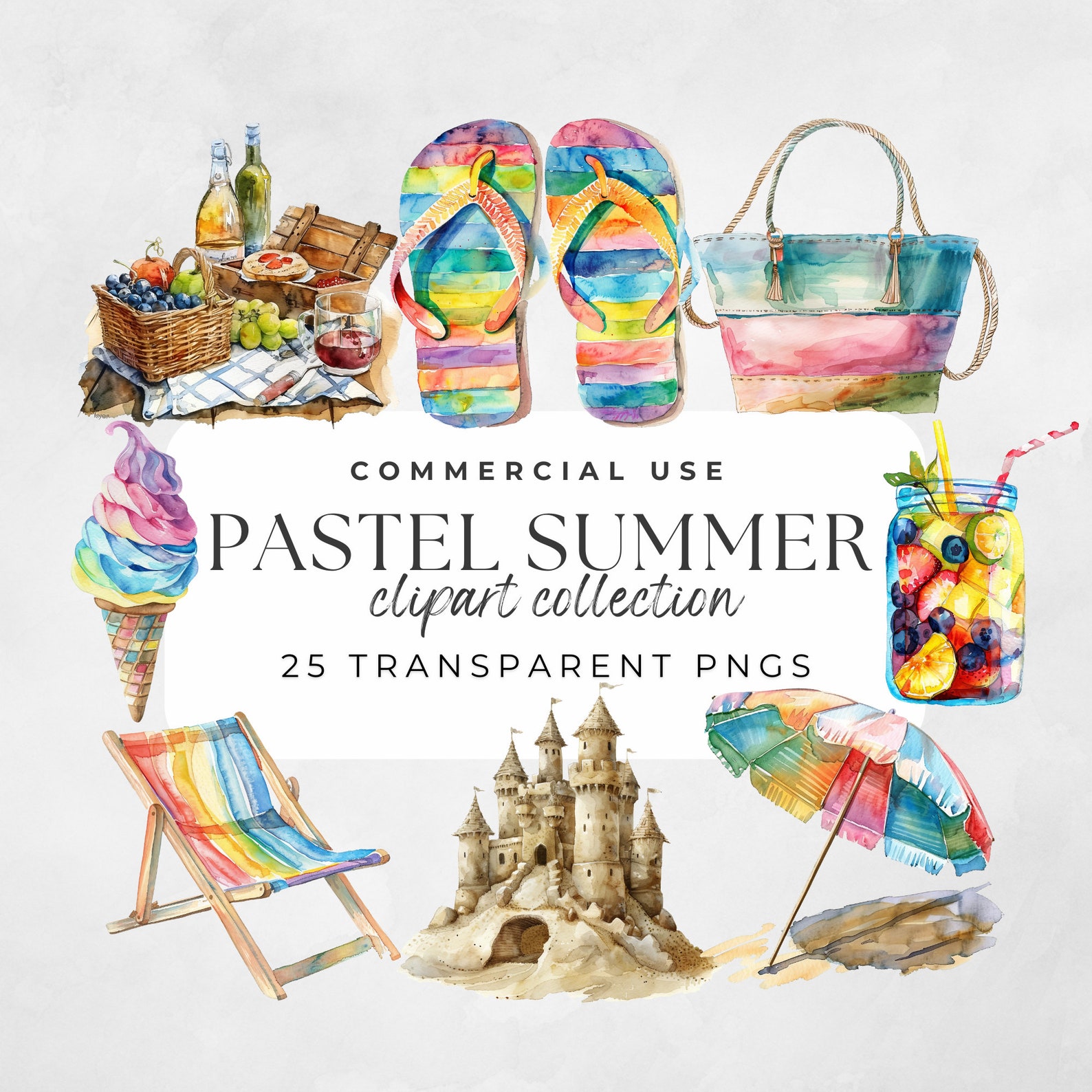 Pastel Summer Clipart Watercolour Clipart Ice Cream Clipart Flip Flops ...