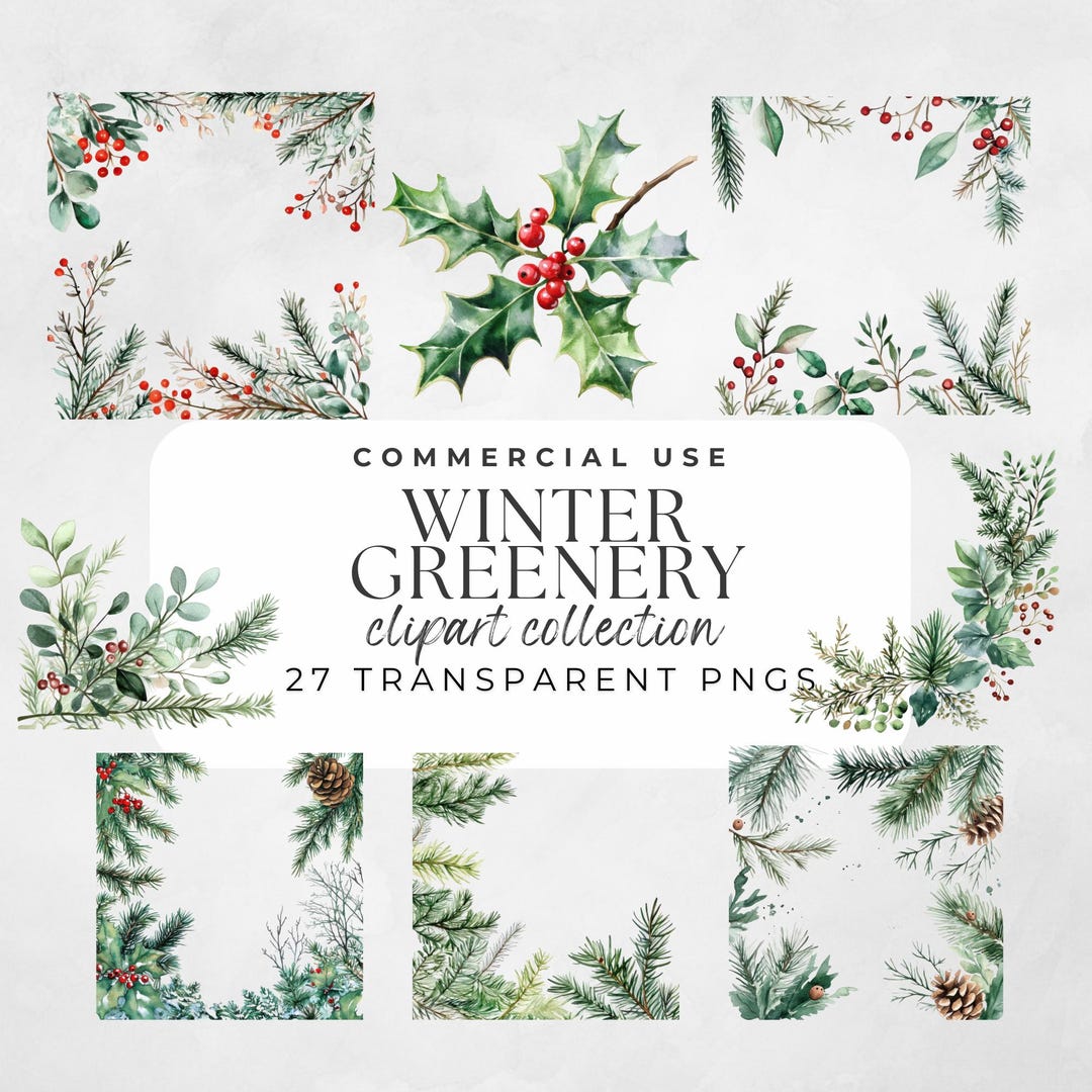 Winter Greenery, Christmas Greenery, Greenery Clipart, Watercolor ...