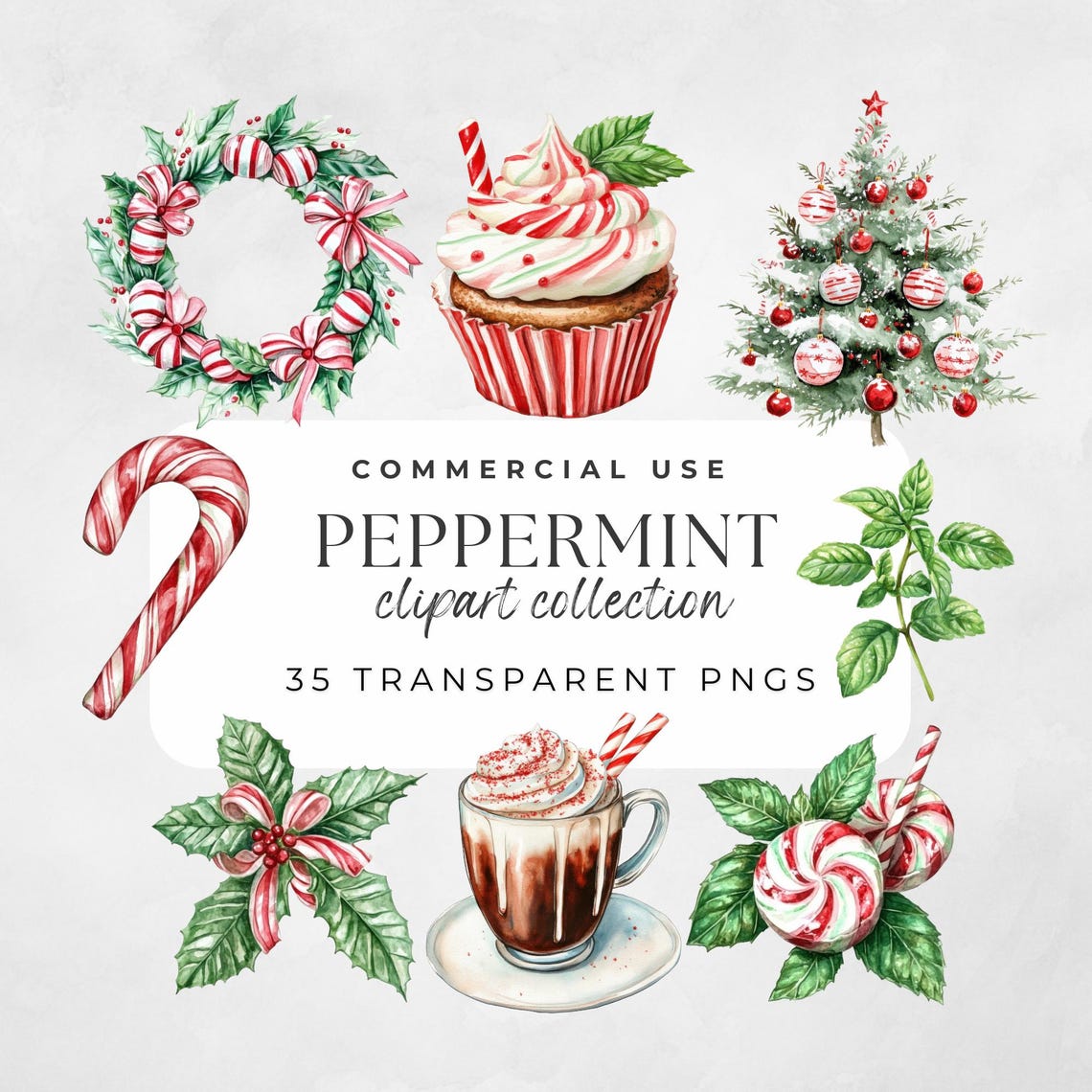 Peppermint Christmas Clipart Watercolor Candy Cane Peppermint Mocha ...