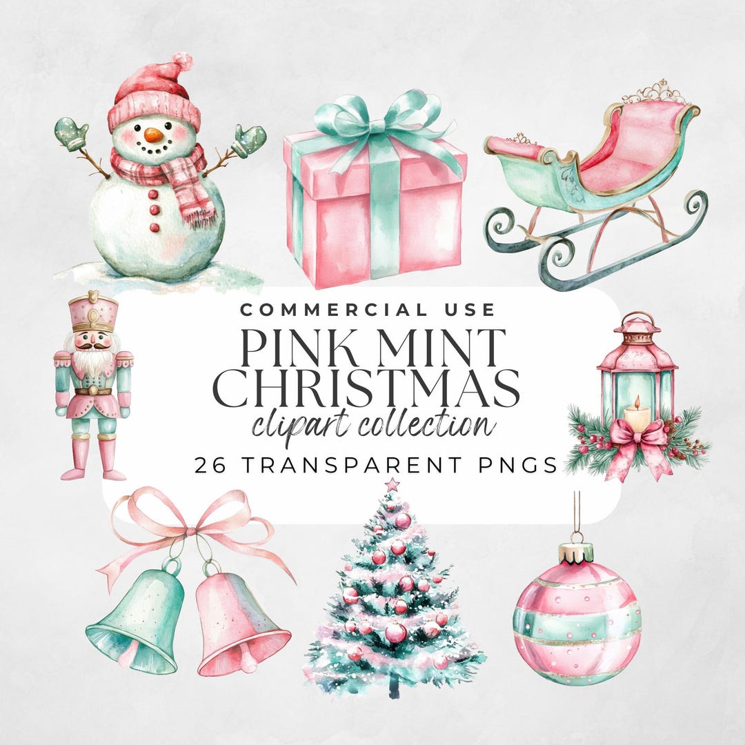 Pink Mint Christmas Clipart Watercolor Bundle Png Green Pink Tree ...